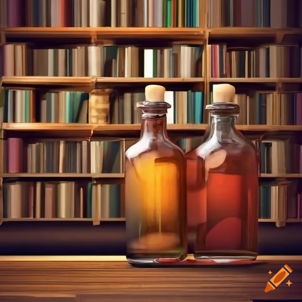 Two potion bottles on a wooden counter with a bookcase