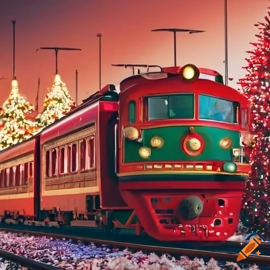 Red festive train with 4 wagons on Craiyon