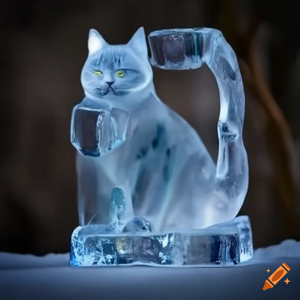 Shimmering ice cat sculpture in daylight on Craiyon
