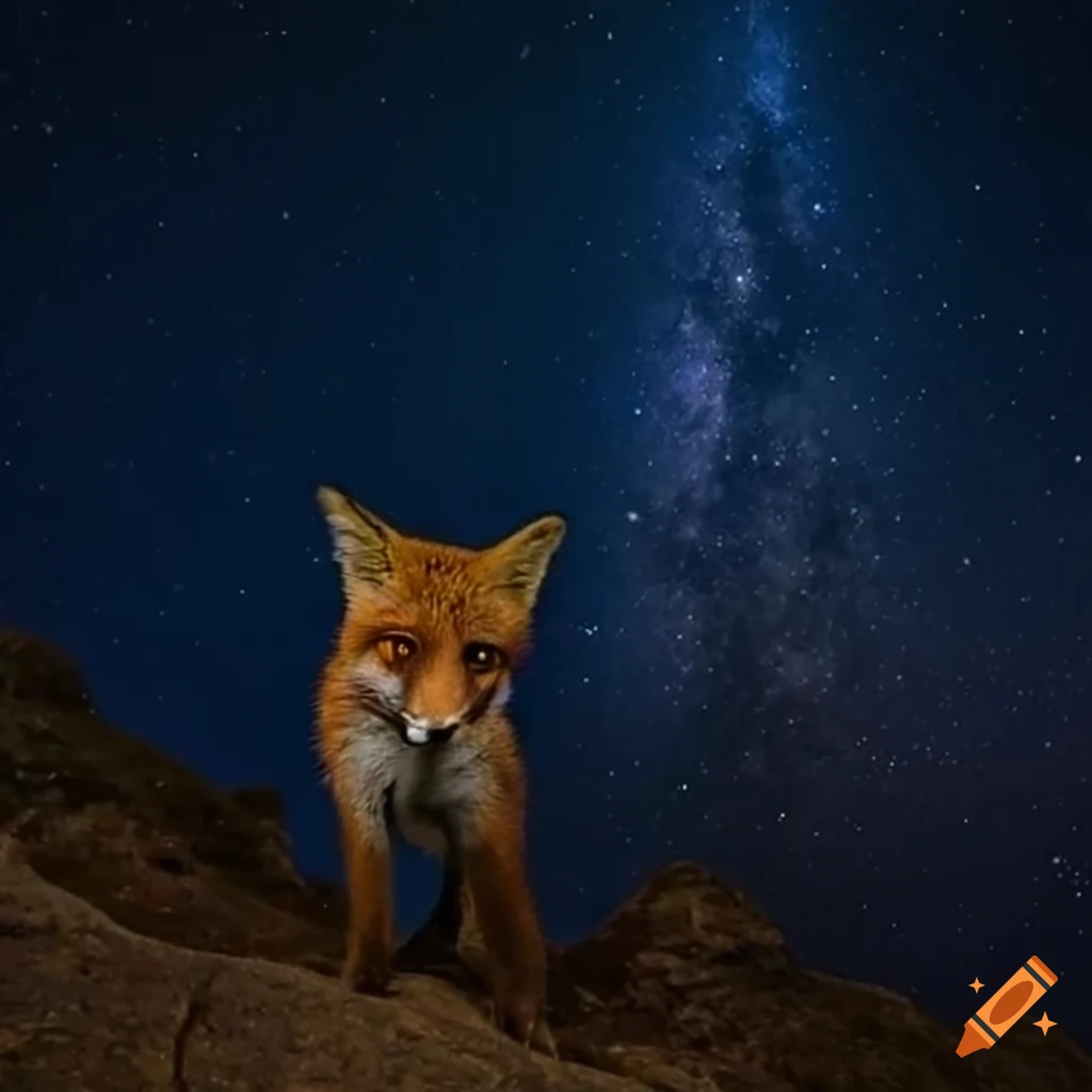 Night scene with a fox walking under the stars