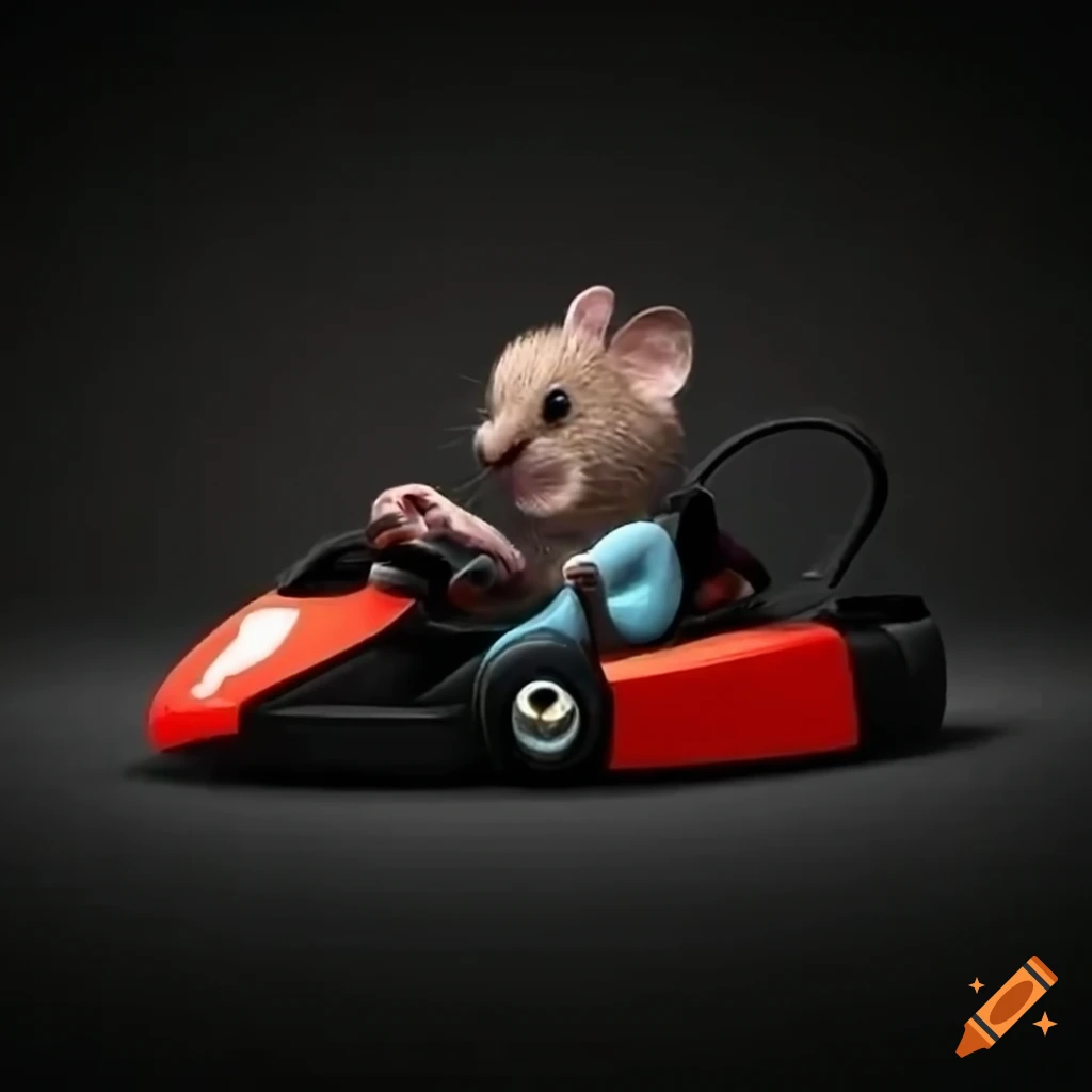 Mouse driving a race car in a whimsical painting on Craiyon