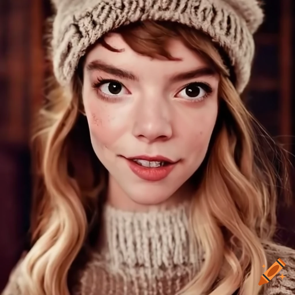 Anya taylor-joy smiling in cozy clothes on Craiyon