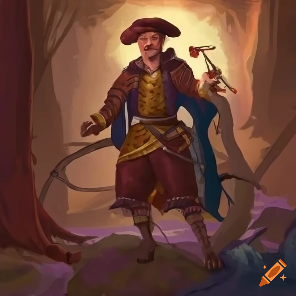 Illustration of a bard casting spells with music against a dragon on ...