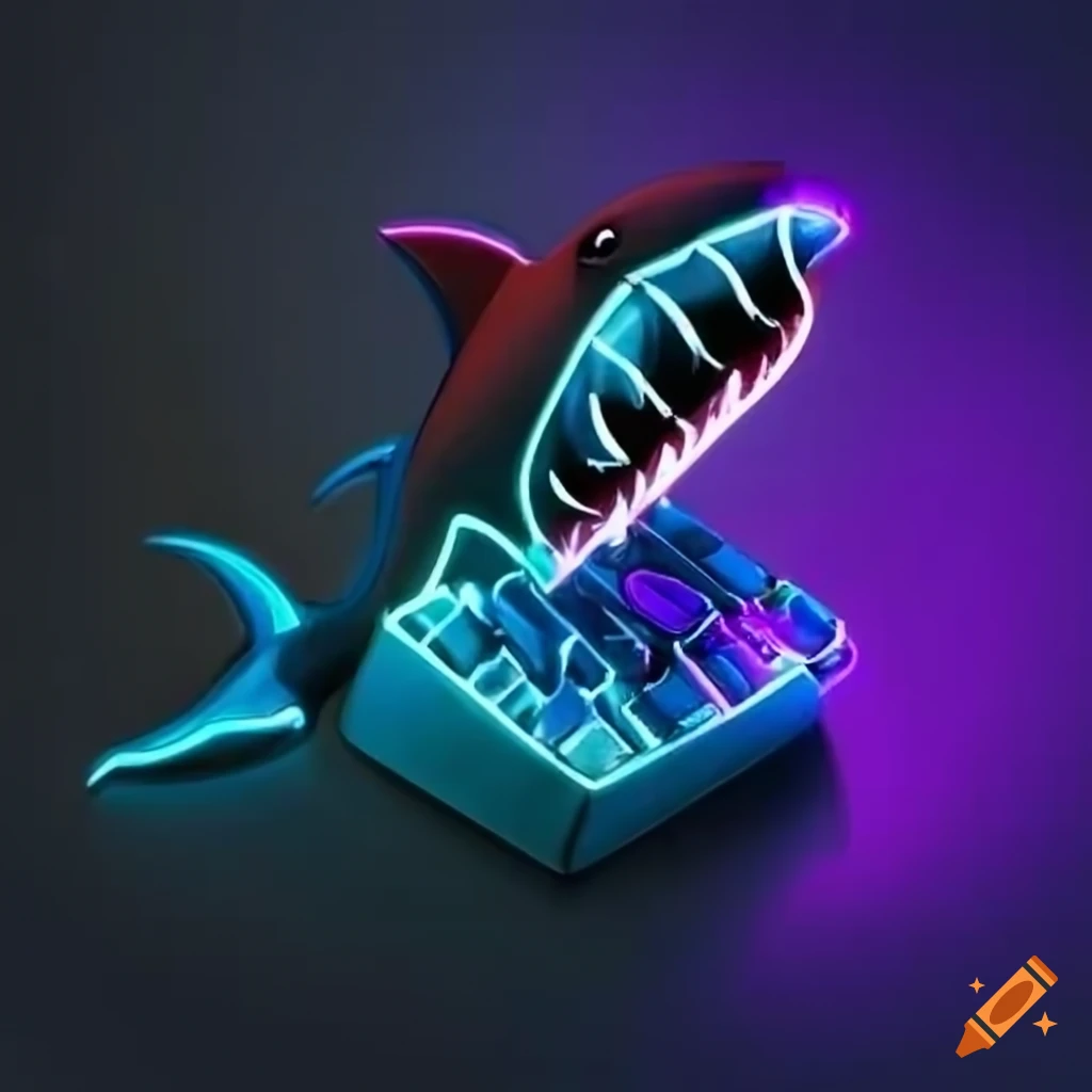 Neon keyboard with shark gaming logo on Craiyon