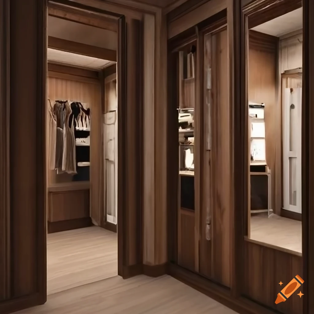 Wooden dressing room with mirrors and a bench