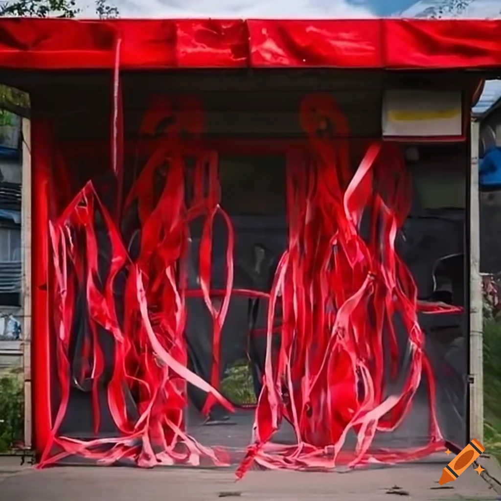 Bus stop with red streamers