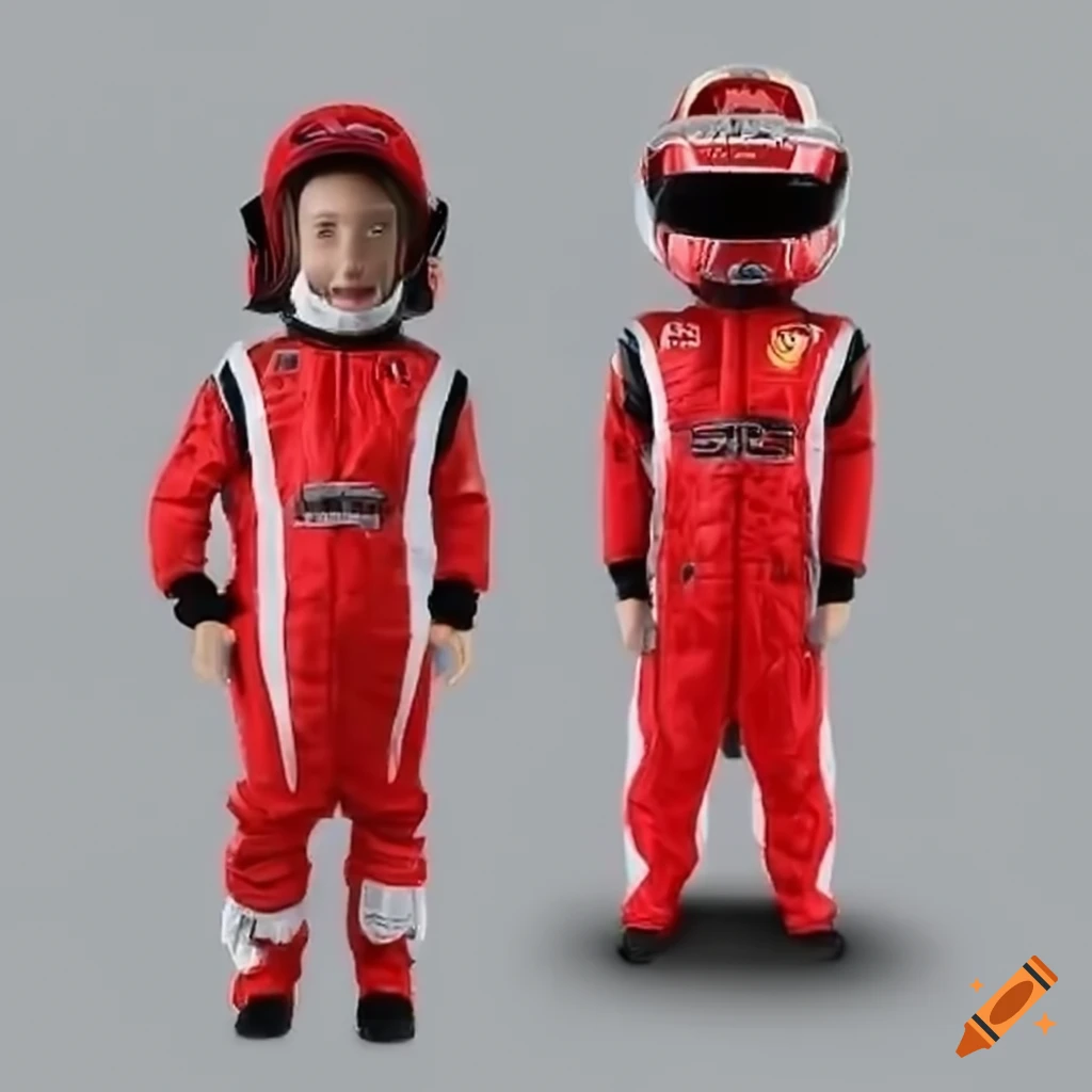 Animated f1 kid driver in a red suit and helmet on Craiyon