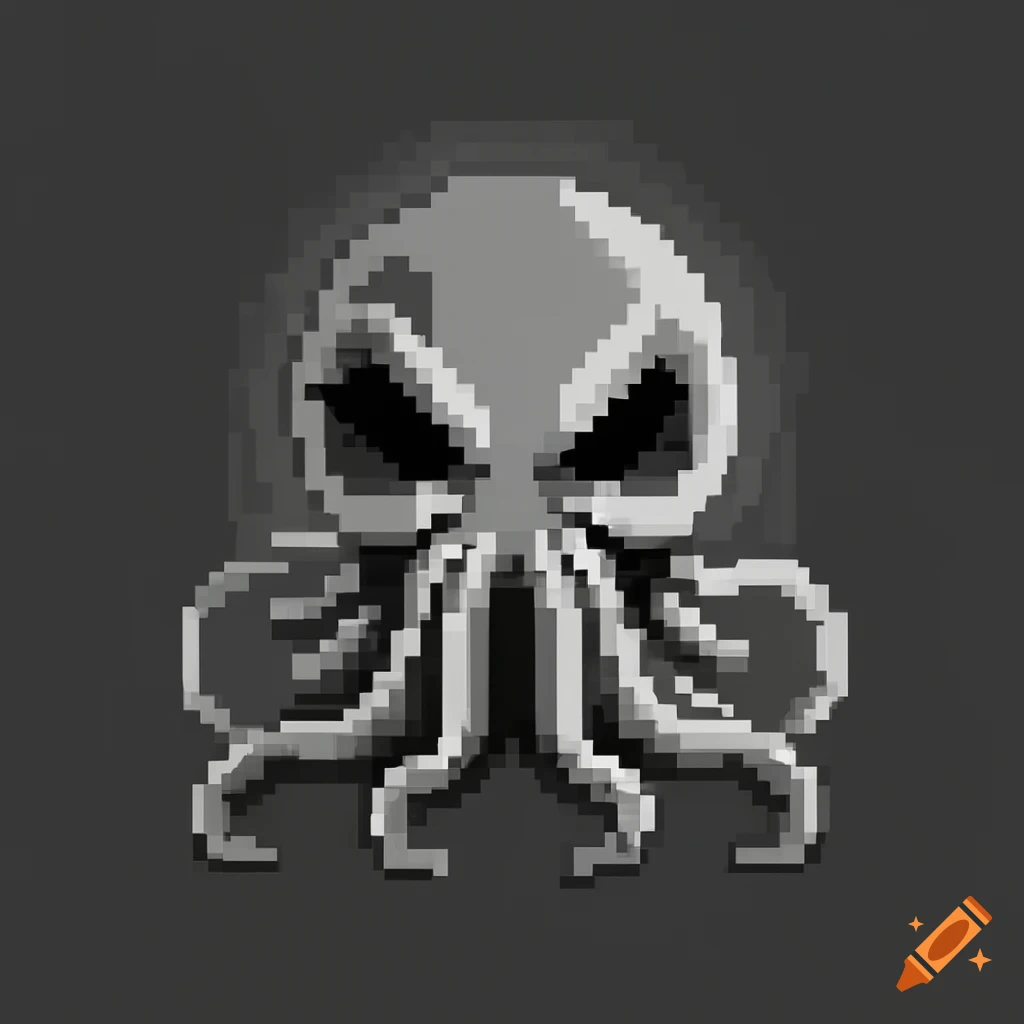 Black and white pixelart logo of Kraken Games on Craiyon