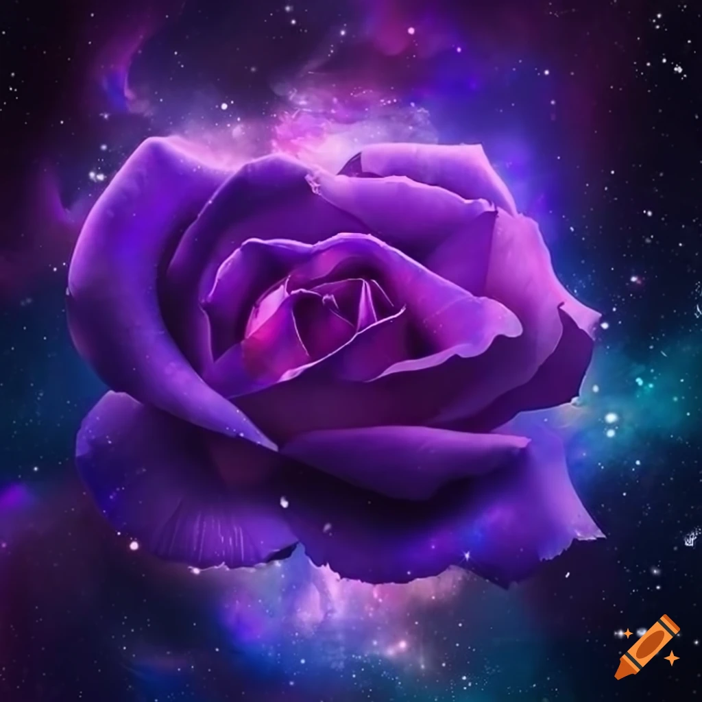 Digital artwork of a violet rose surrounded by a galaxy