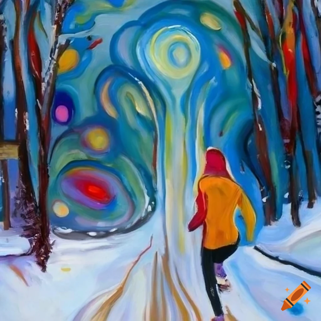 Oil painting of a girl running in the snowy woods on Craiyon