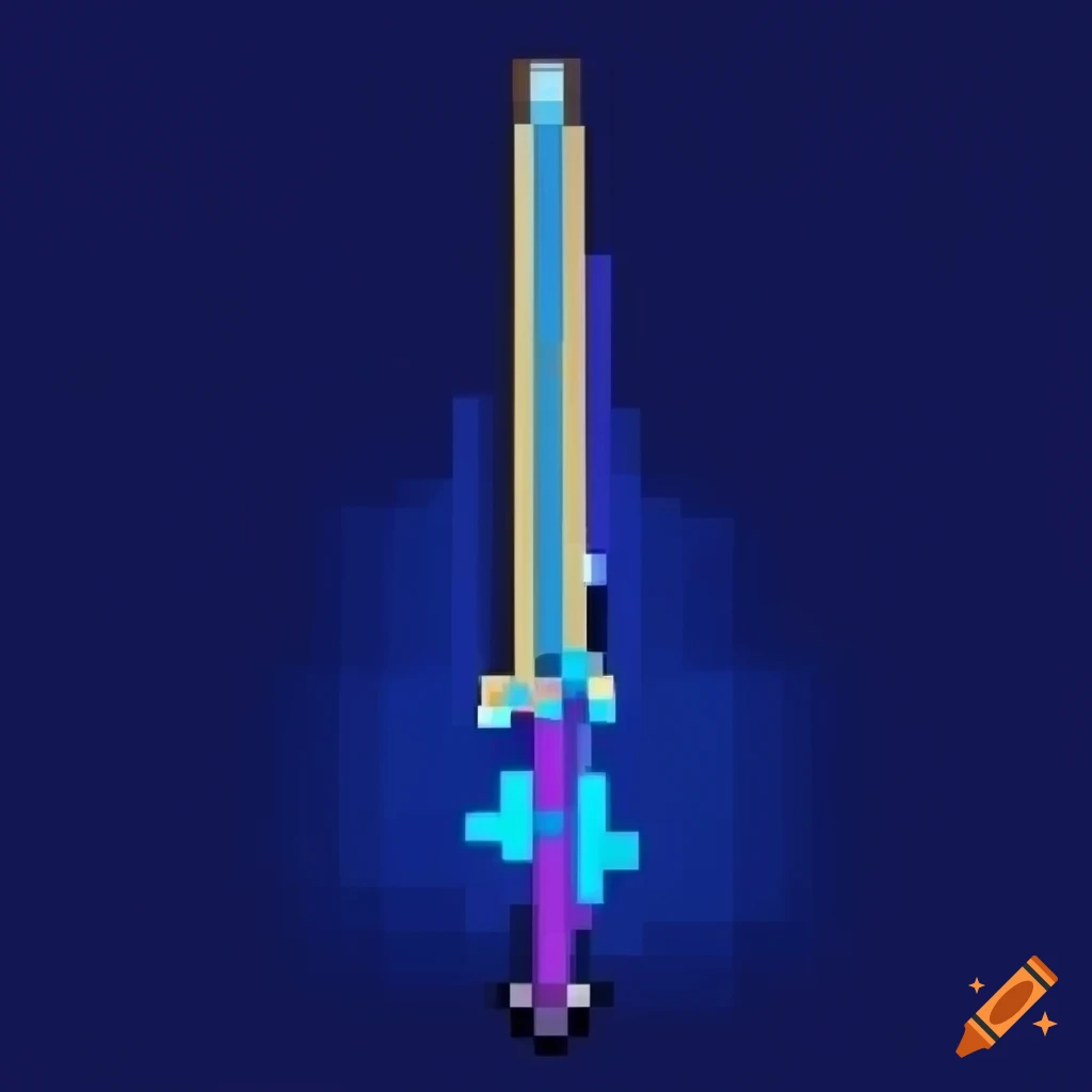 Pixelated sword with blue fire and obsidian texture on Craiyon