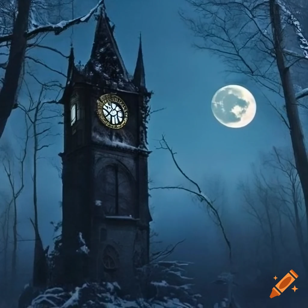 Mysterious forest meadow under moonlight with a gothic clock tower on ...