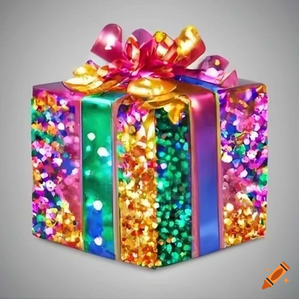 Sparkling rainbow gift on white background on Craiyon