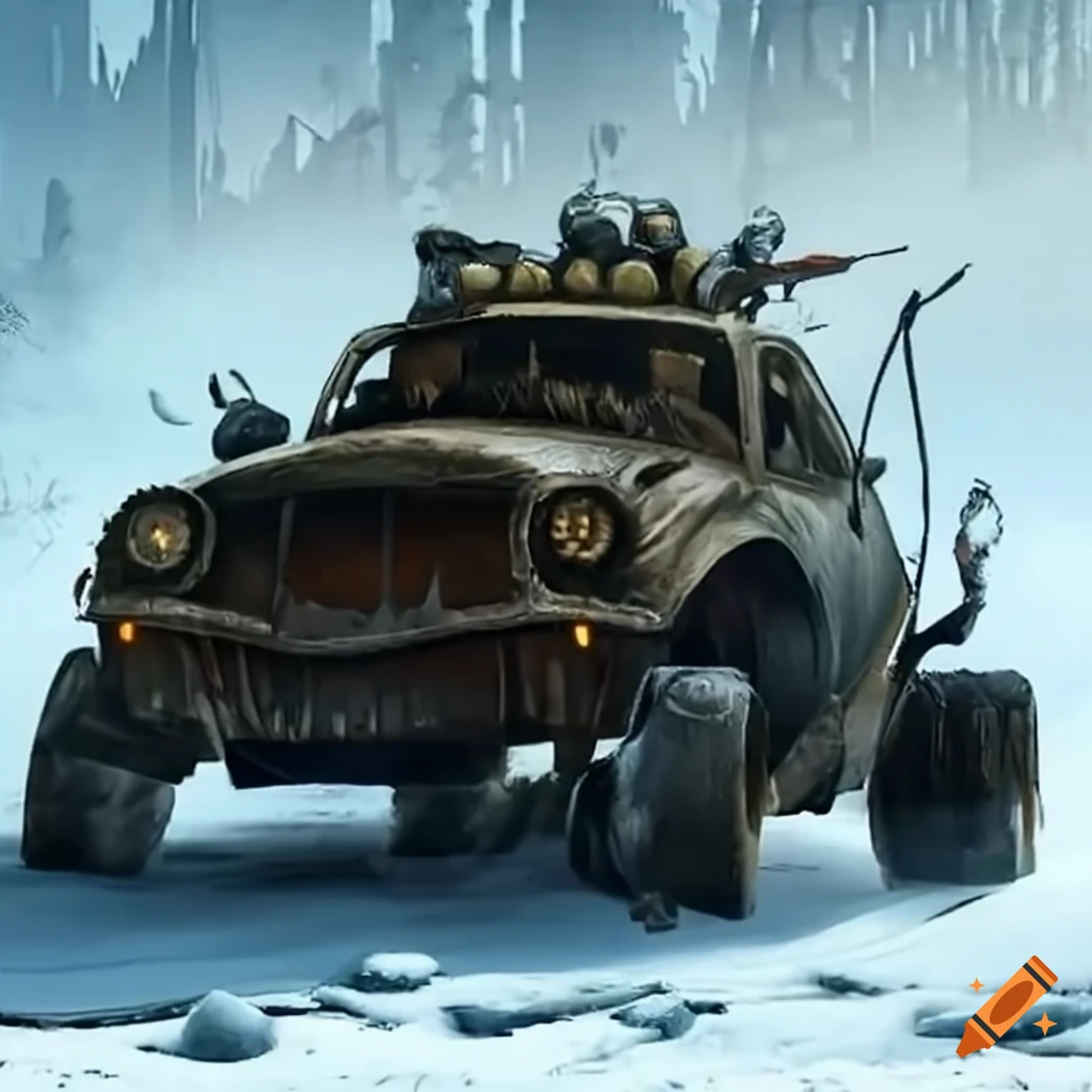 Image of an orc driving a car in the snow