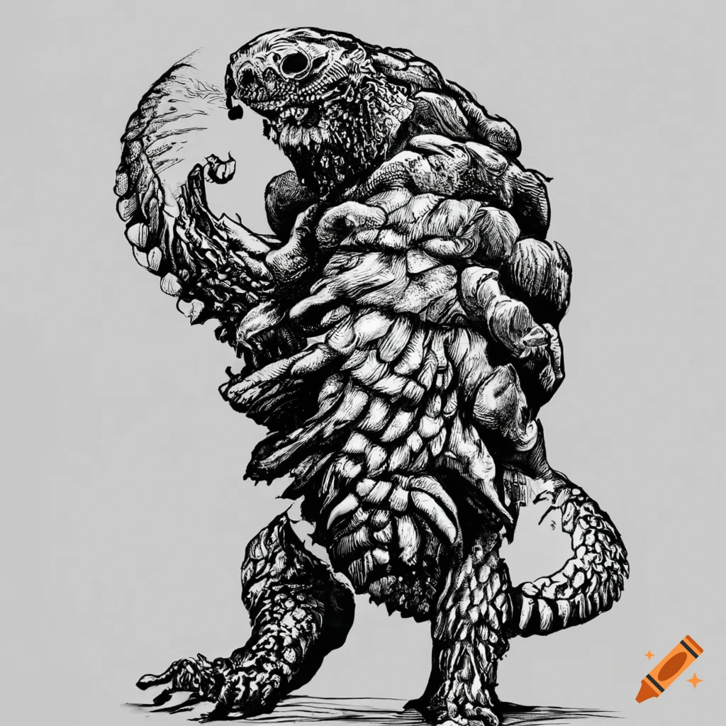 Detailed etching of a Lovecraftian tortoise-pangolin monster on Craiyon