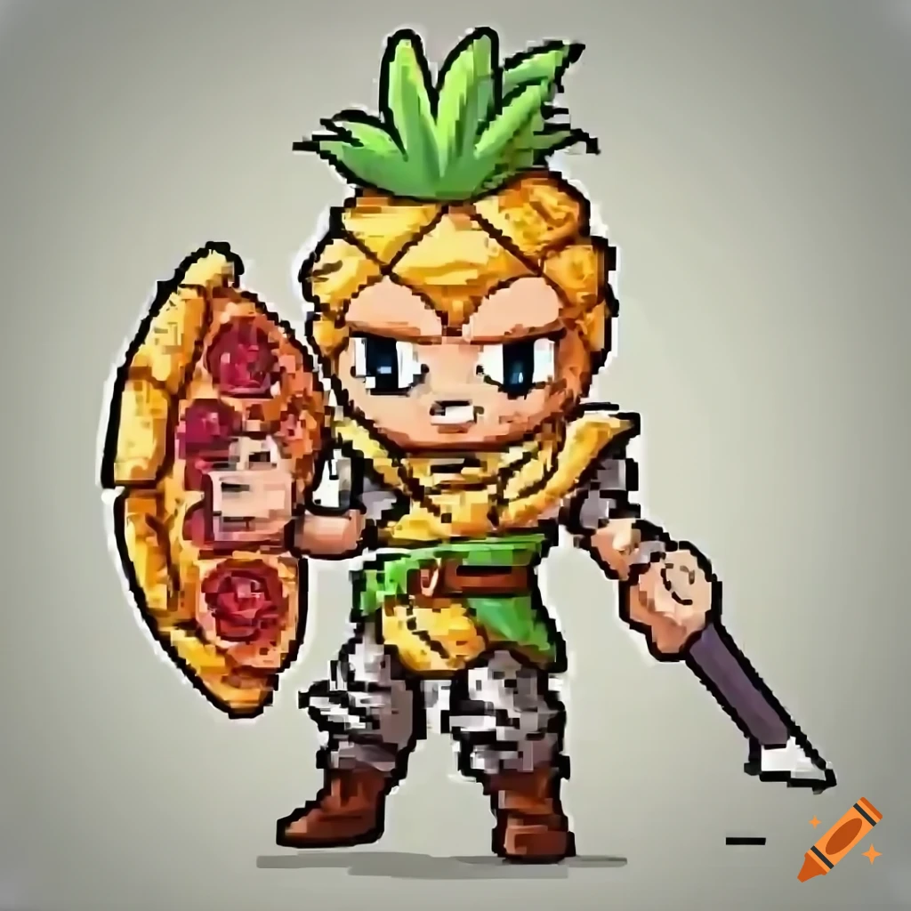 Cartoon character of a pineapple man with pizza armor and axe on Craiyon