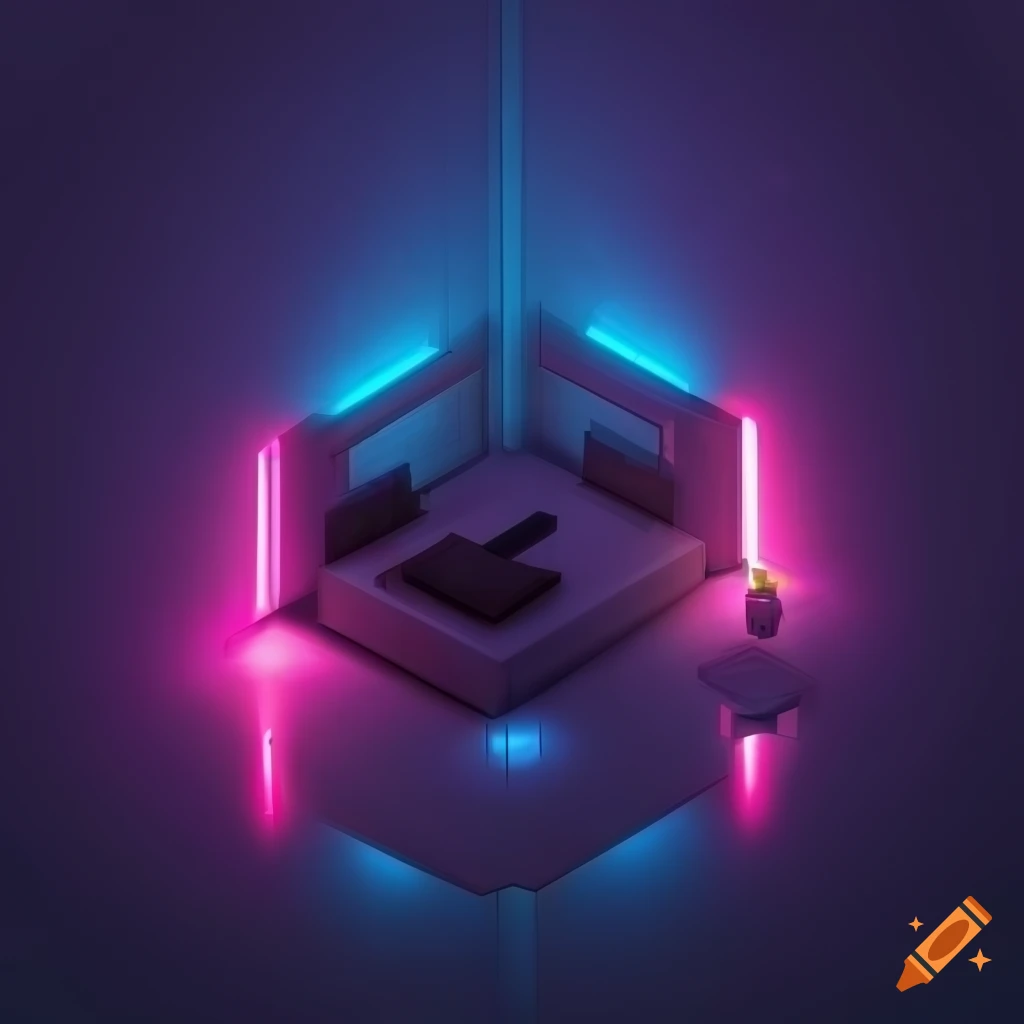 Hyper-realistic isometric room with neon lights on Craiyon