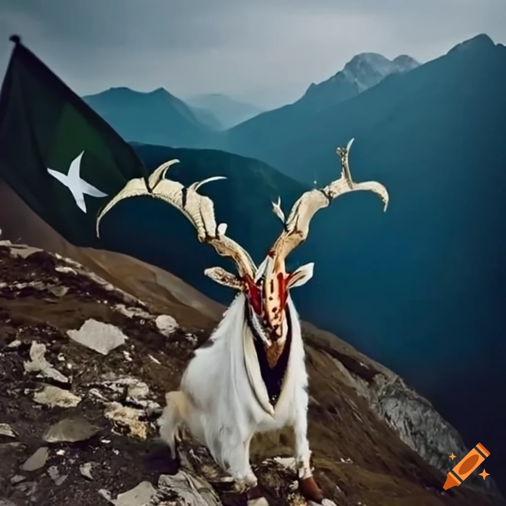 Markhor standing in front of pakistan flag on a mountain on Craiyon
