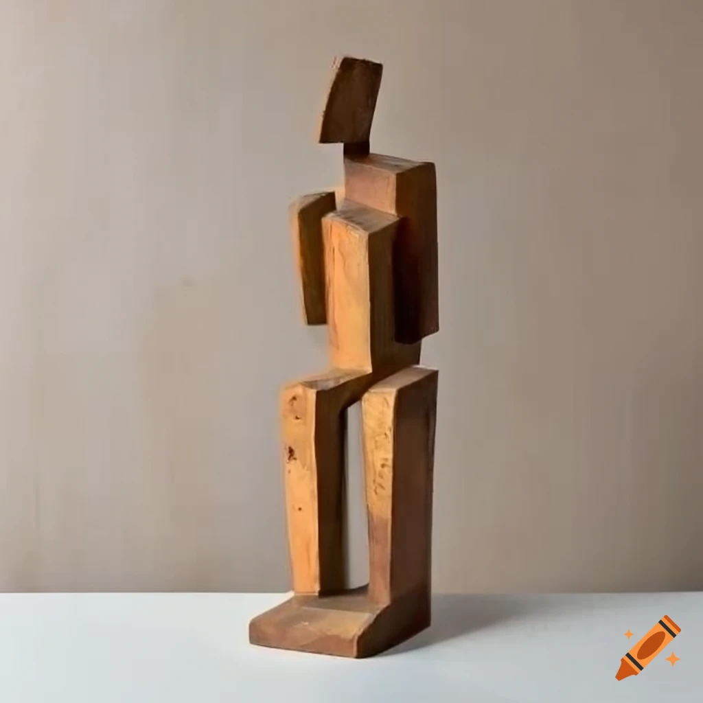 Cubist sculpture of a female figure made of rough painted wood on Craiyon
