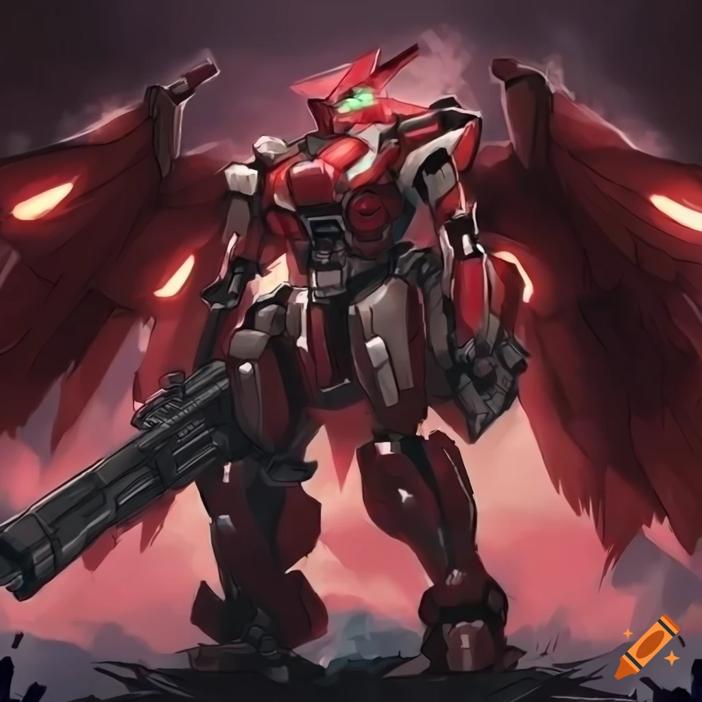 Red cape mecha with wings and machine gun