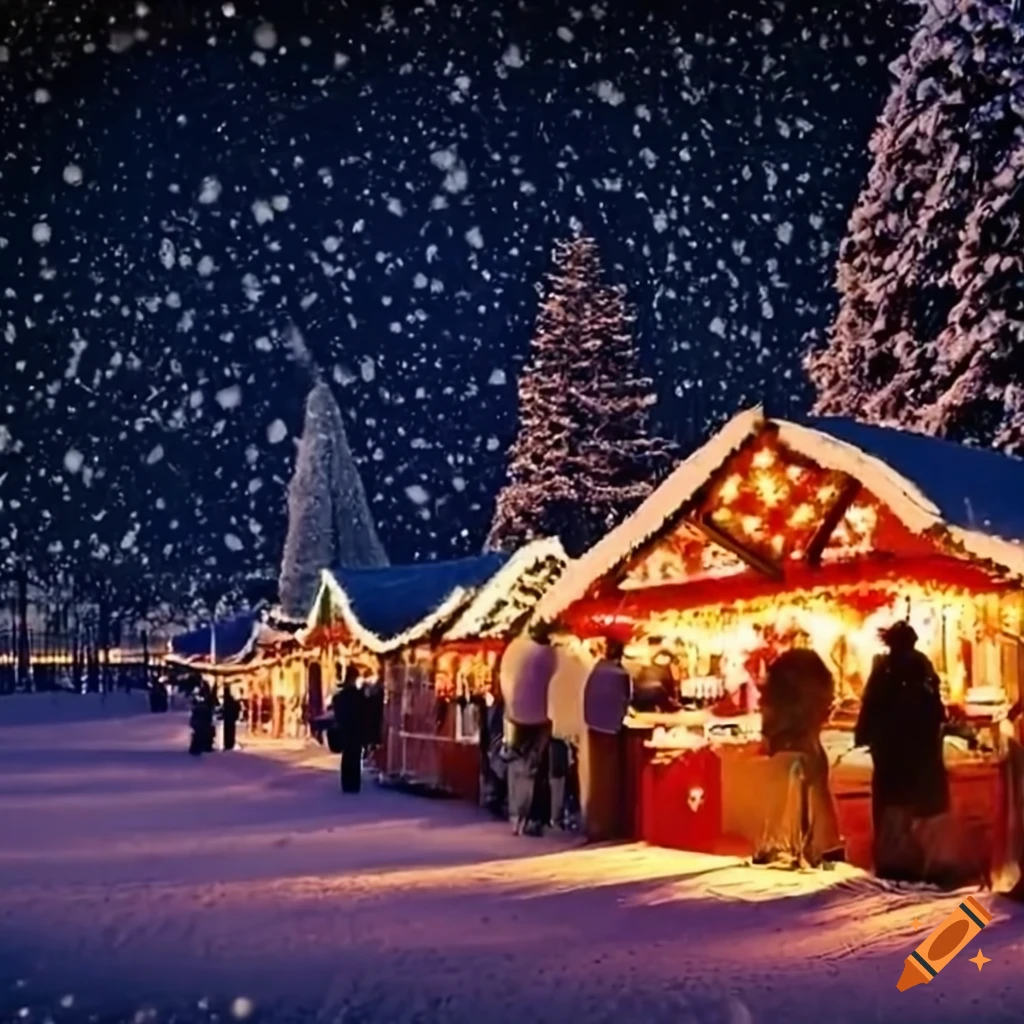 Snow-covered village with christmas market on Craiyon