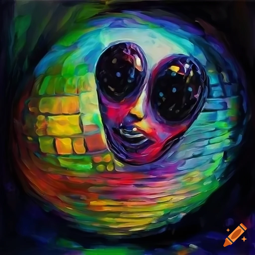 Oil painting of aliens dancing around a disco ball