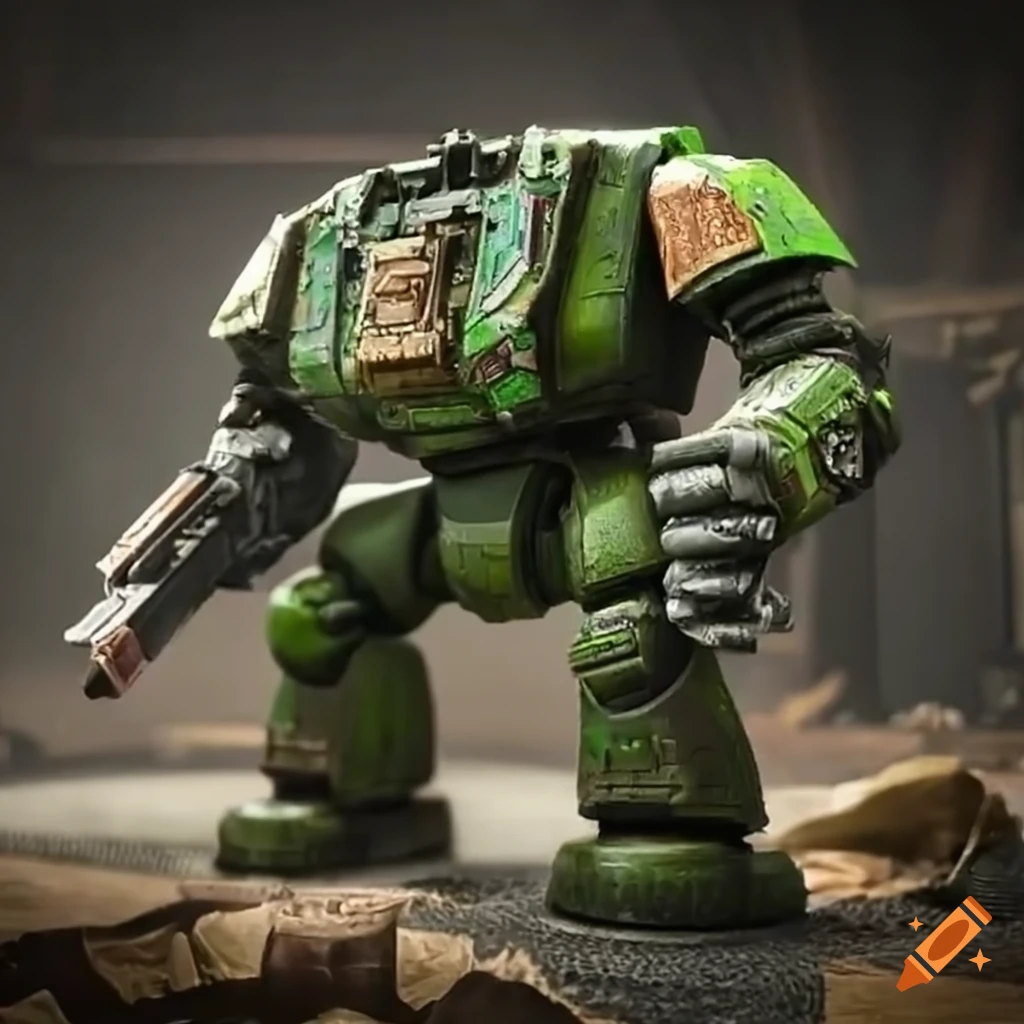 Sunset view of a warhammer 40k dreadnought in a forest on Craiyon