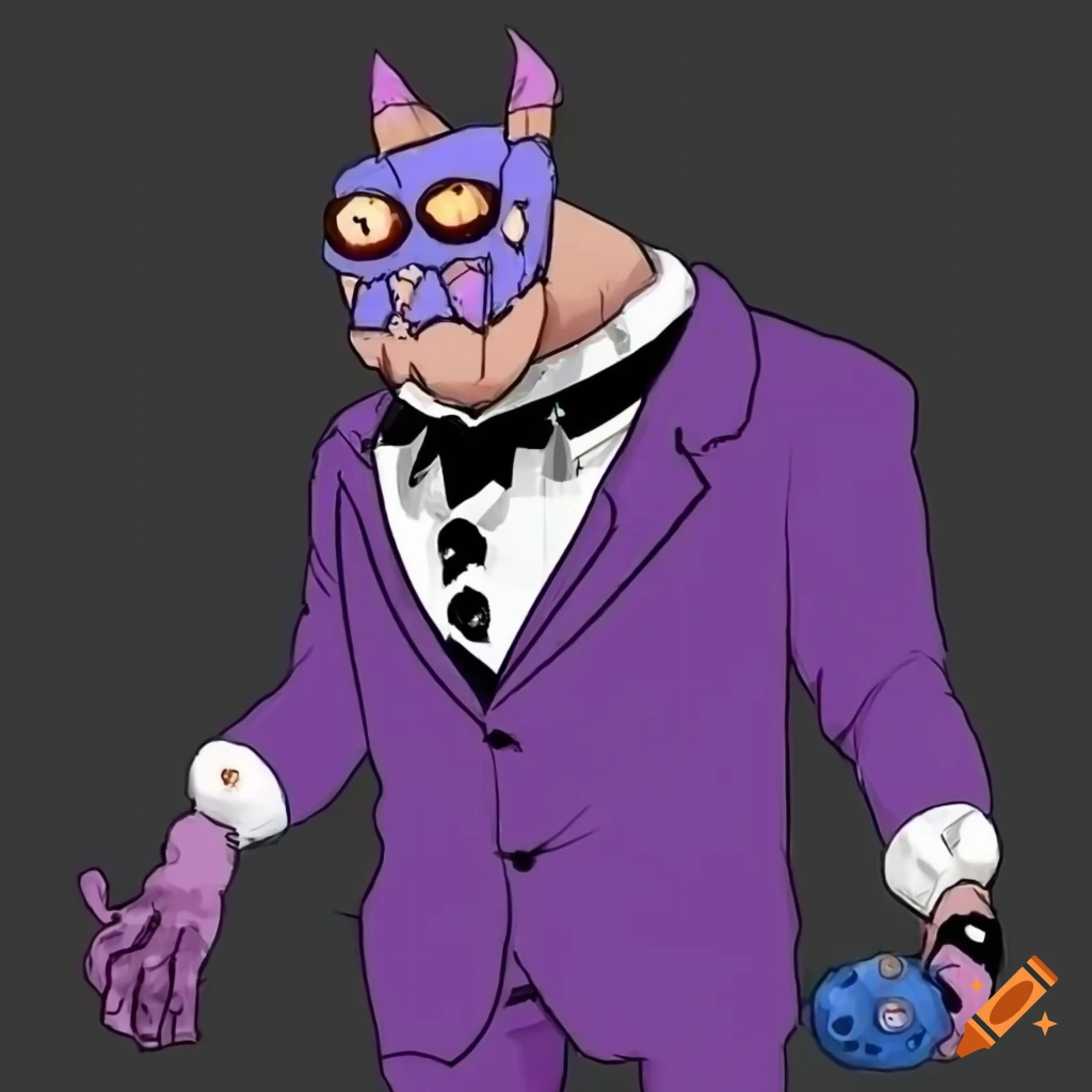 Cartoon illustration of a buff monster in a purple suit with a muffin ...