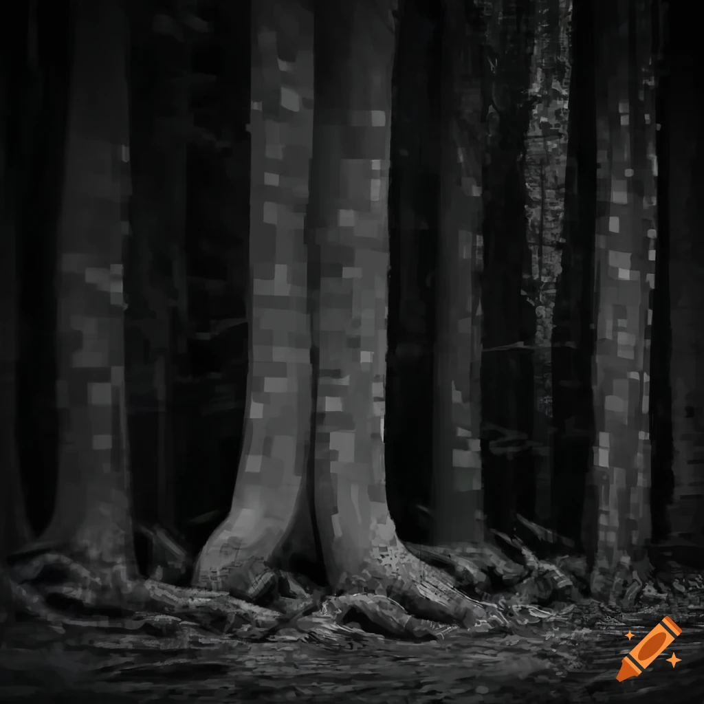 Black and white art of a Minecraft creeper in a forest on Craiyon