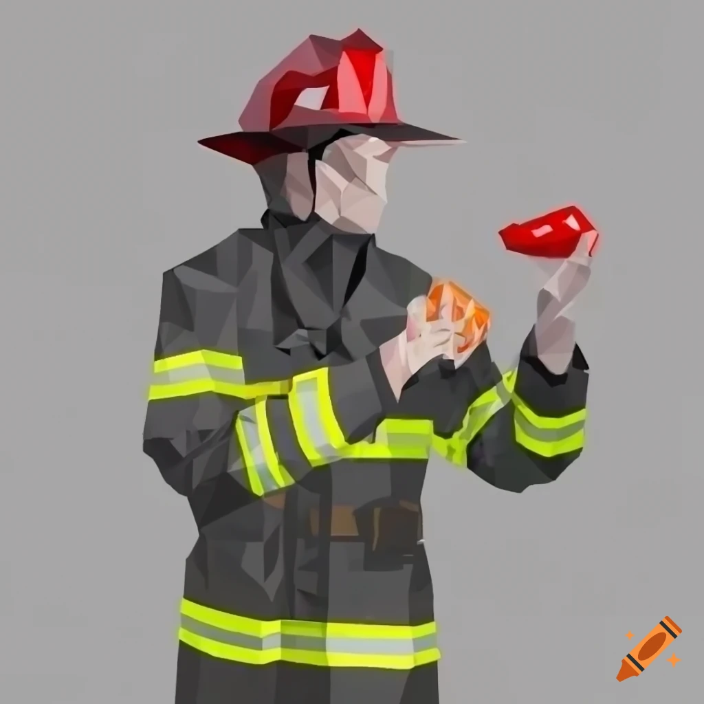 Low poly art of a firefighter eating a red pepper