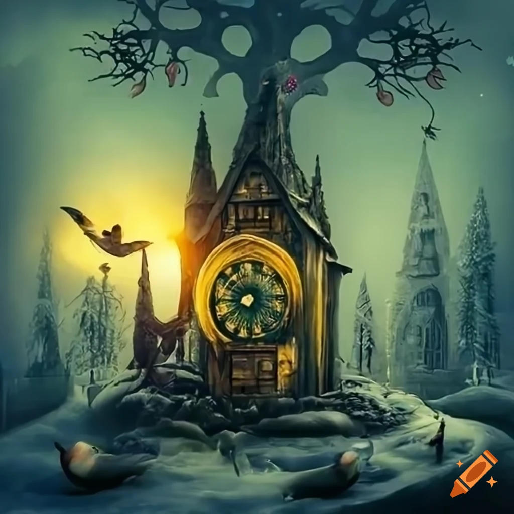 Surrealist urban park with clock and hybrid creatures on Craiyon