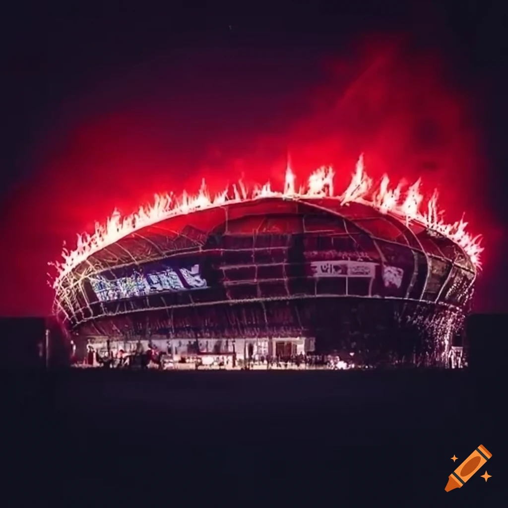 Nighttime view of a stadium on fire on Craiyon