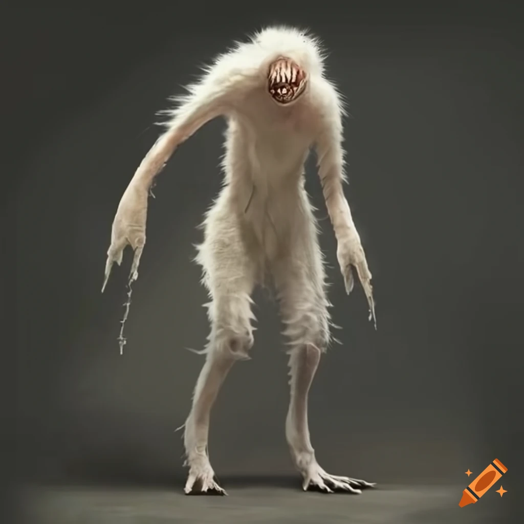 Realistic depiction of a tall and slim creature with white fur on Craiyon