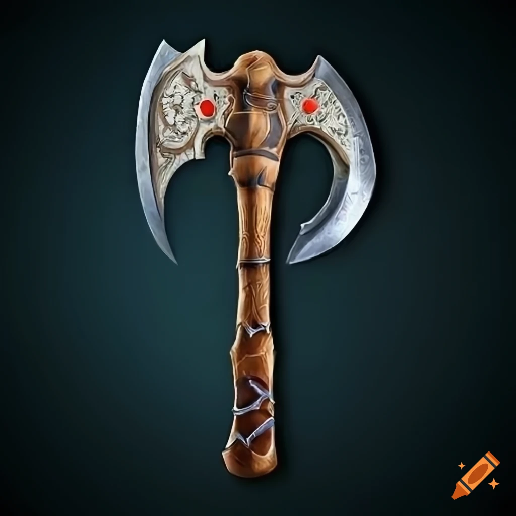 Ancient battle axe with spiderweb decorations on dark background on Craiyon