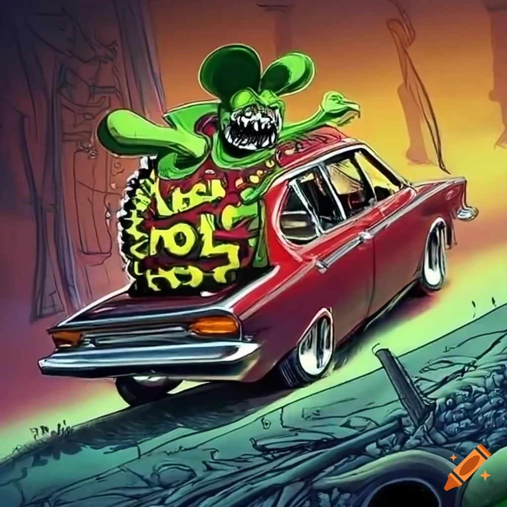 Rat Fink Style Character Driving A Hot Rod