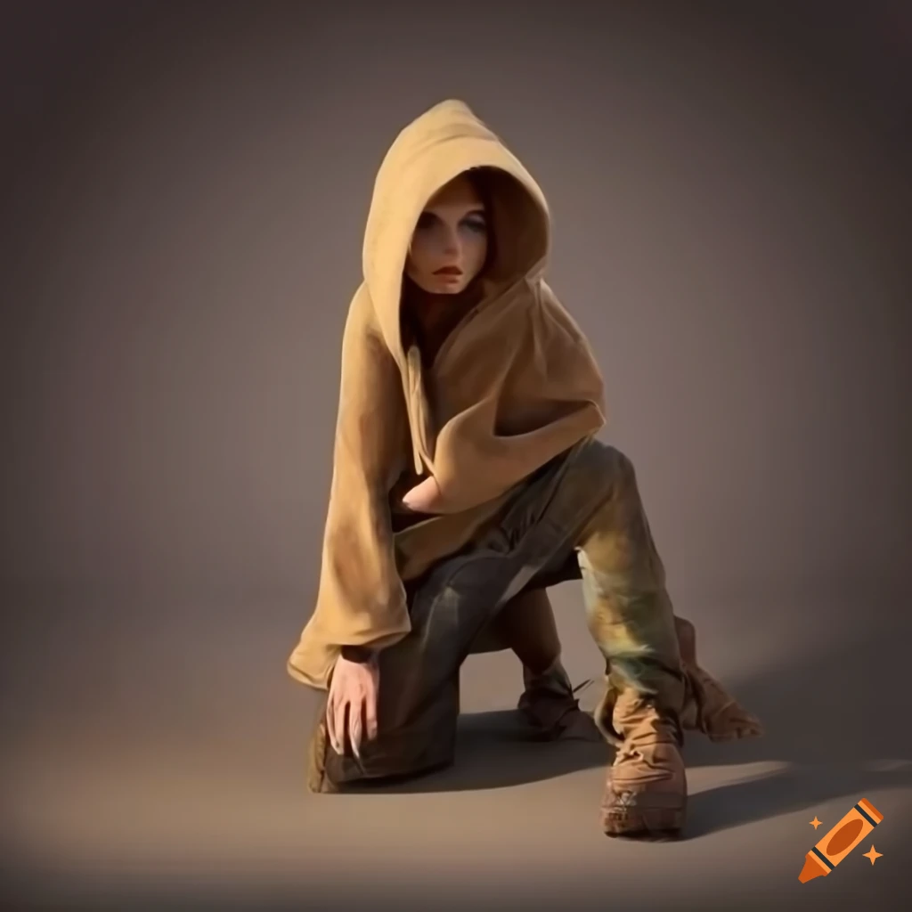 Stylish young woman in oversized hood crouching near rock on Craiyon