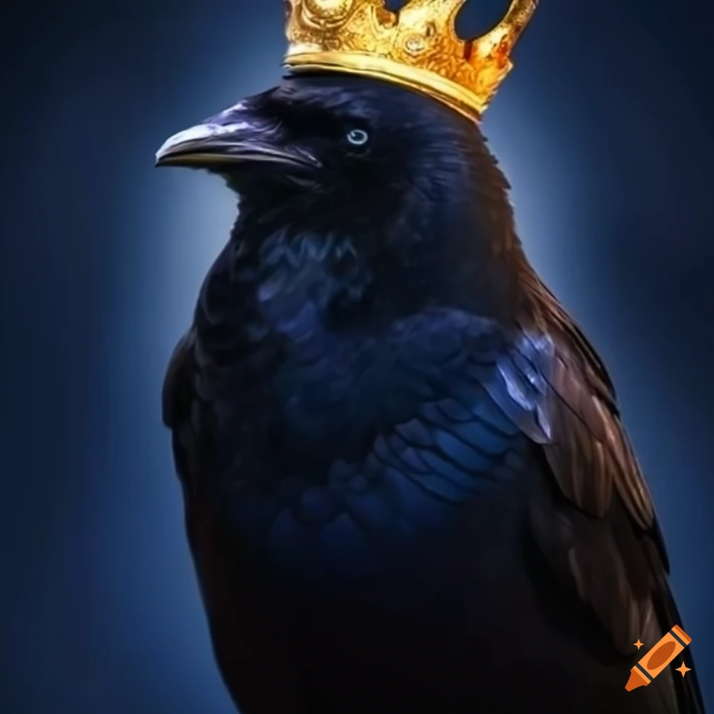An image of a majestic crow wearing a crown
