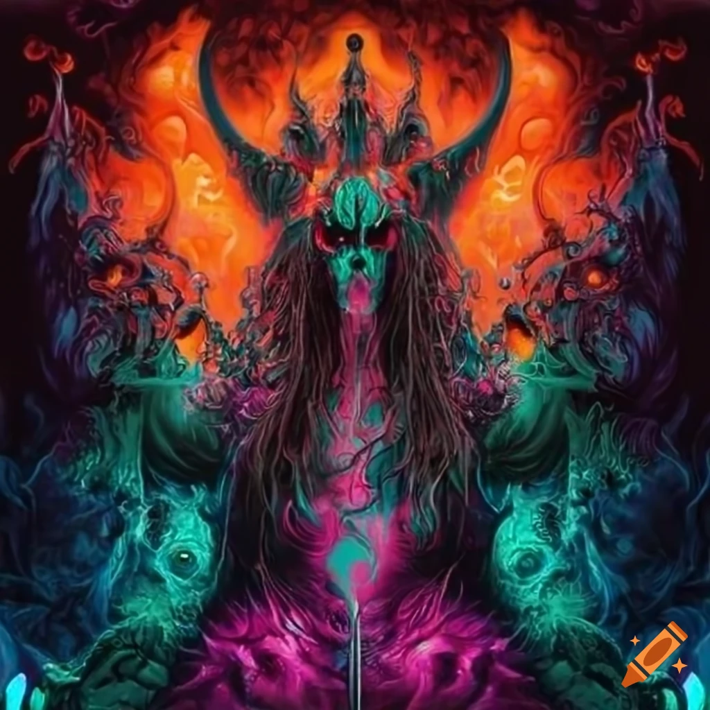 Demonic king ruling fiery depths on an album cover on Craiyon