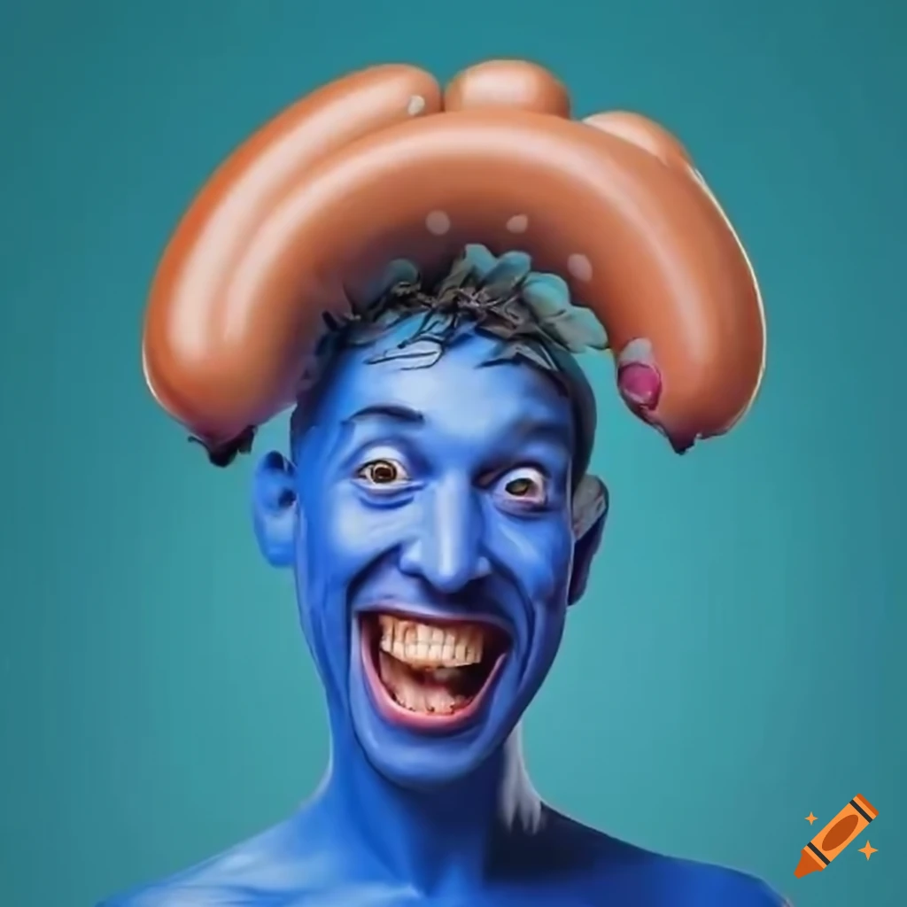 Illustration of a blue man holding a colorful sausage on Craiyon