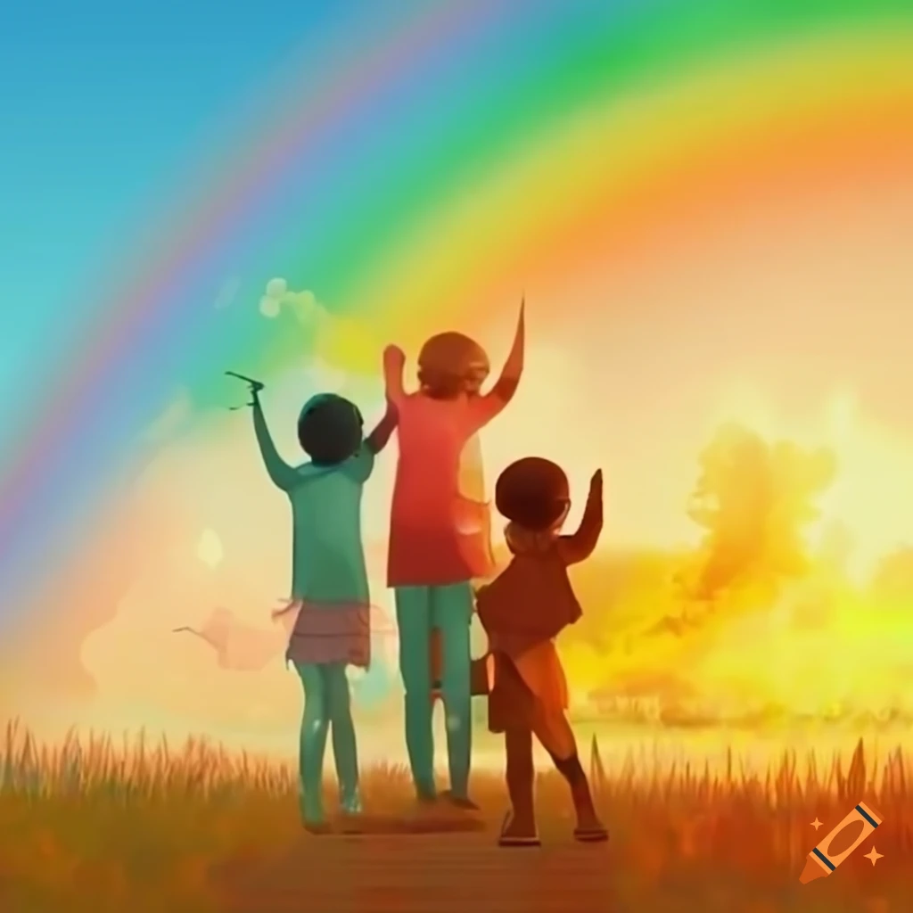 Three friends enjoying a beautiful rainbow