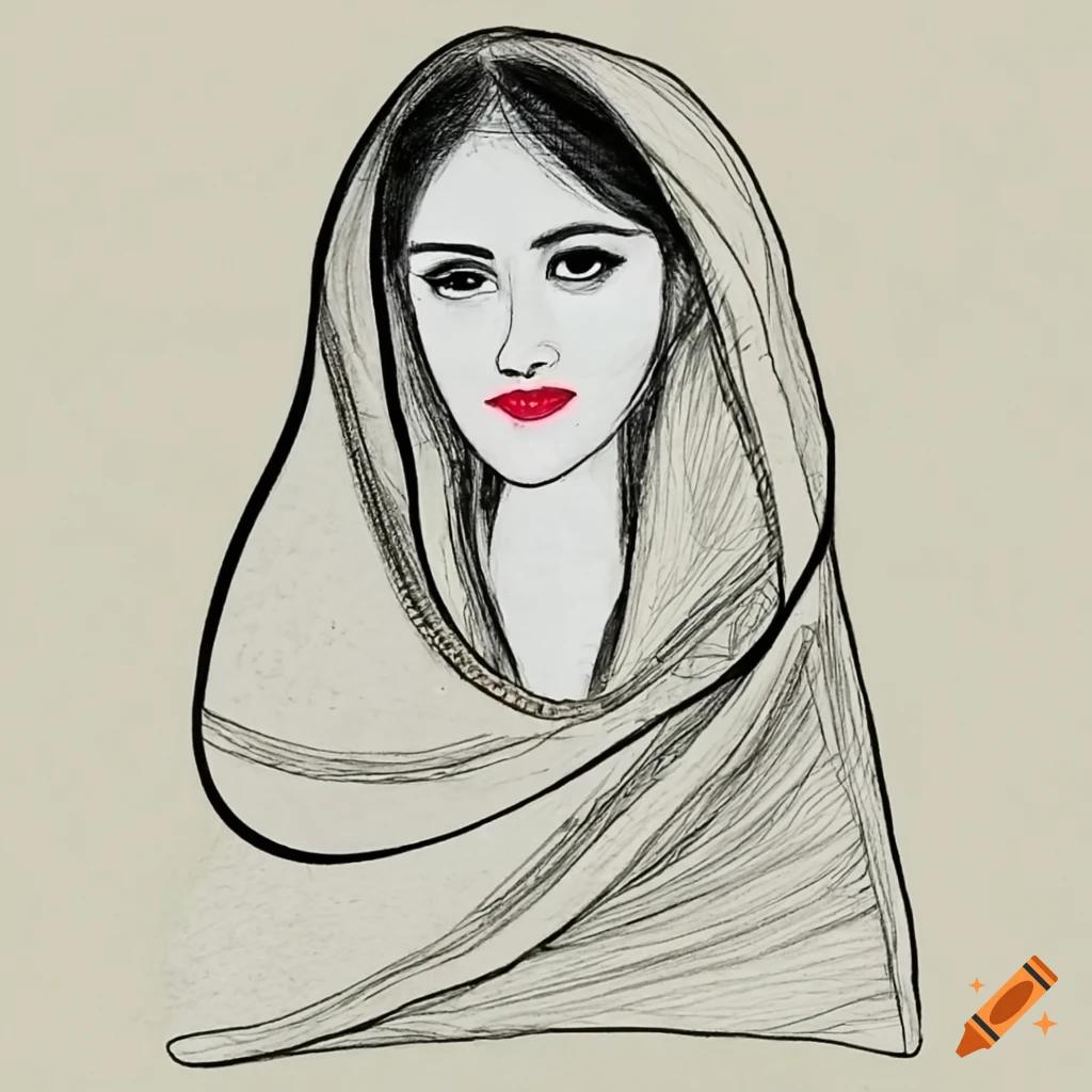 Sketch of a woman wearing a dupatta in pakistan on Craiyon