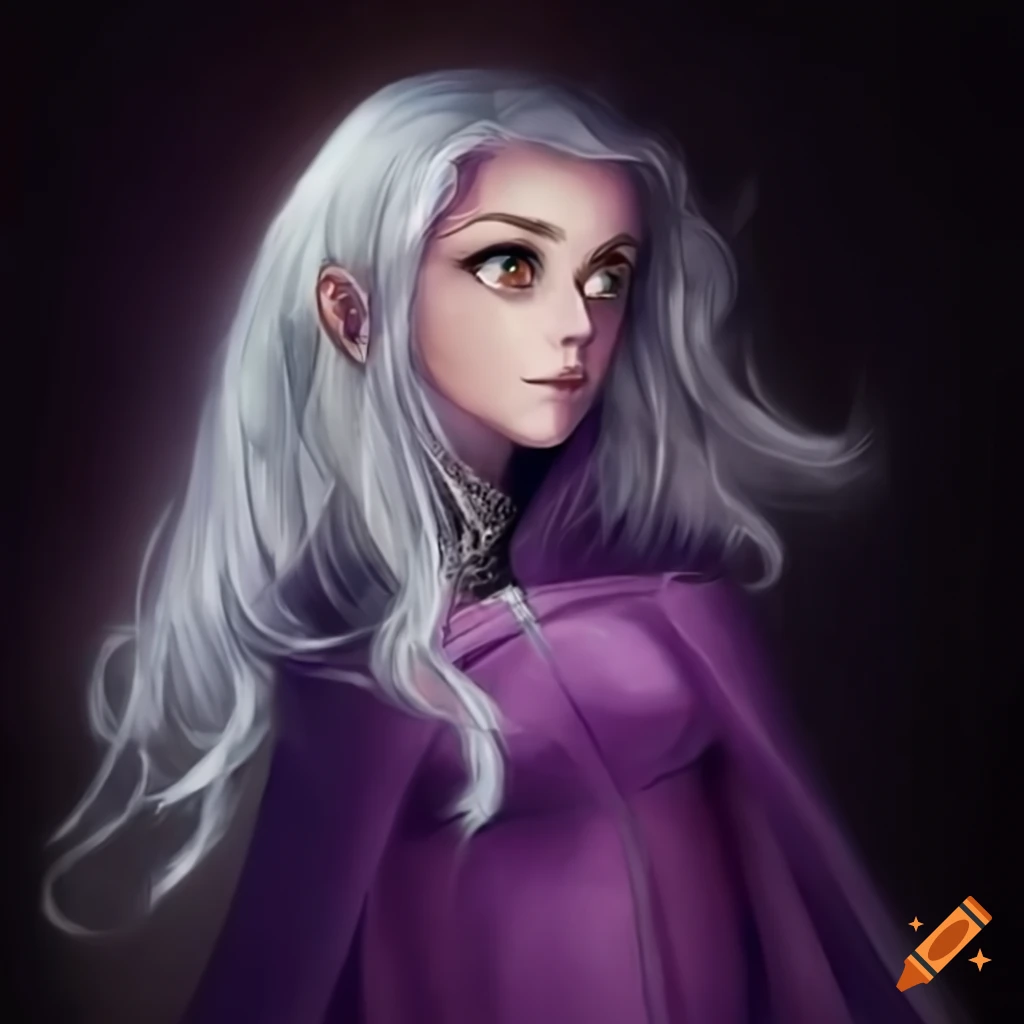 Image of a mysterious character with silver hair and violet eyes on Craiyon