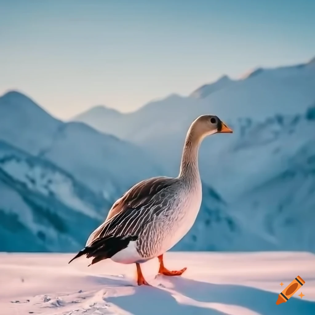 Goose in a snowy valley with mountains in the background