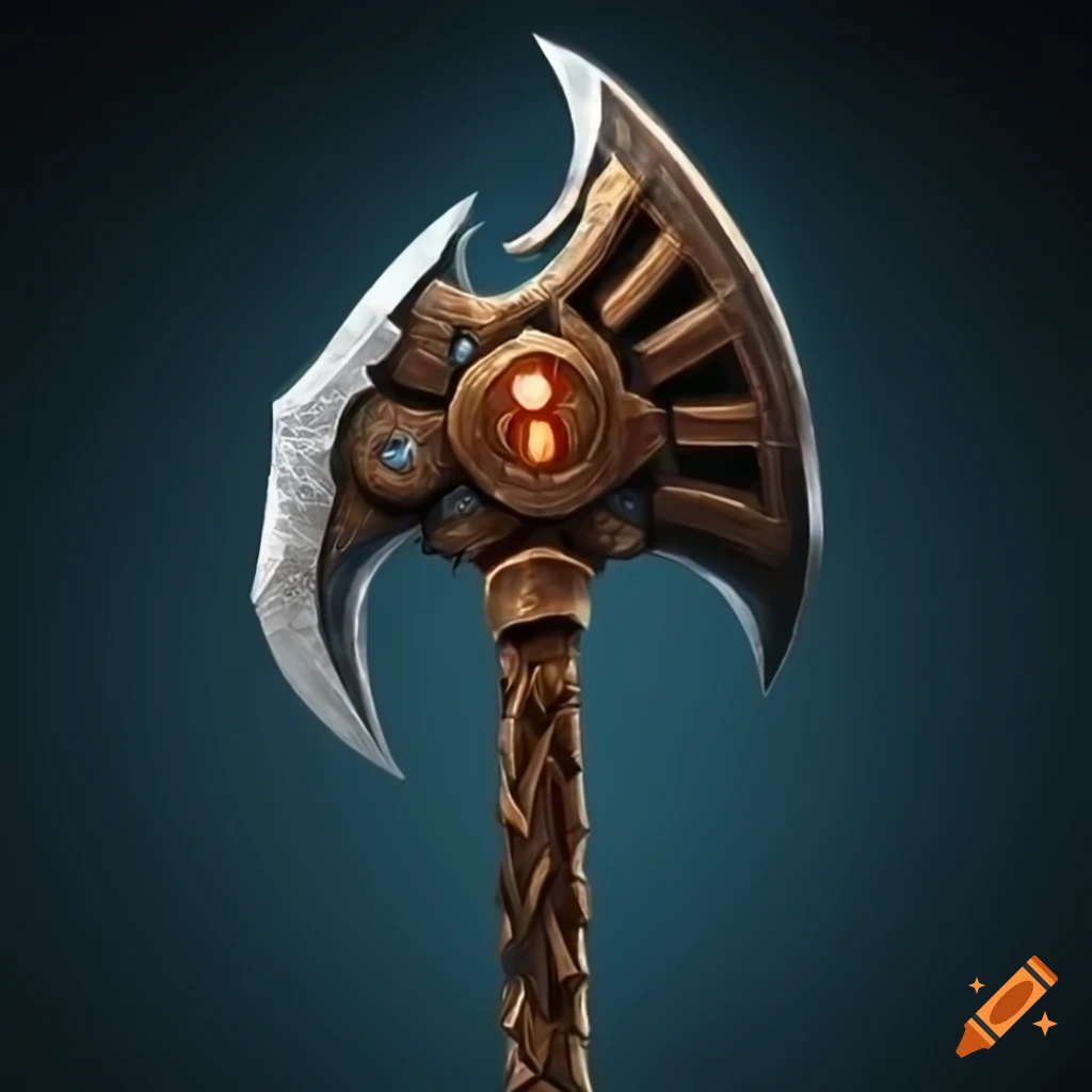 A powerful enchanted battle axe with mystical red runes on Craiyon