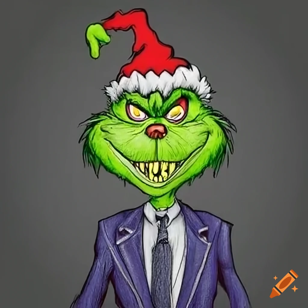 Grinch in a business suit with an evil expression
