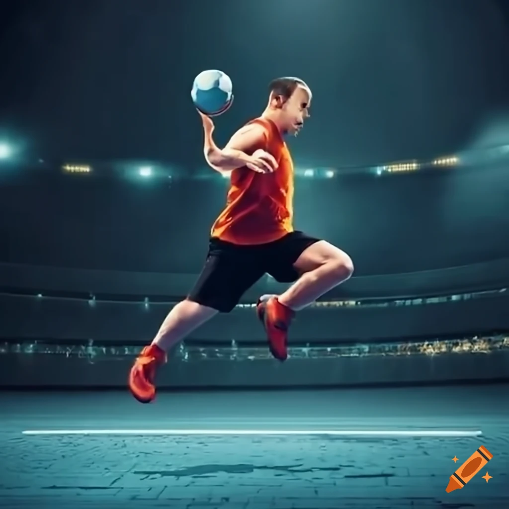 Athletic man playing handball in a stadium on Craiyon
