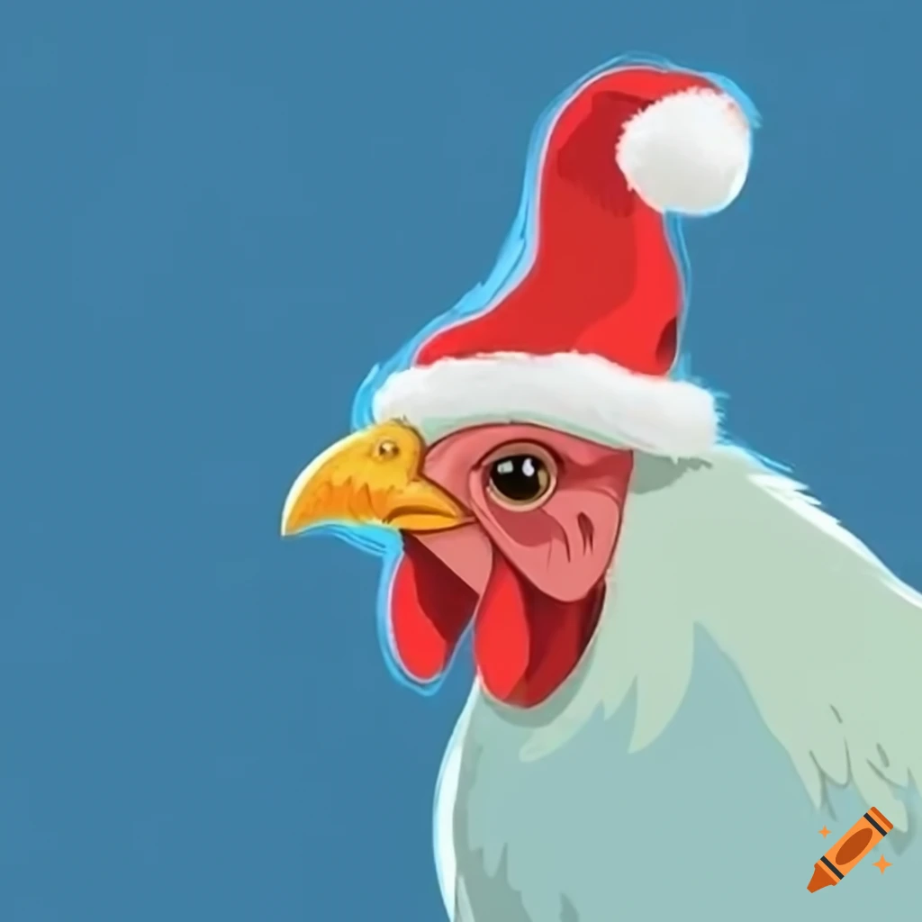 Christmas chicken with a hat in a blue sunburst background