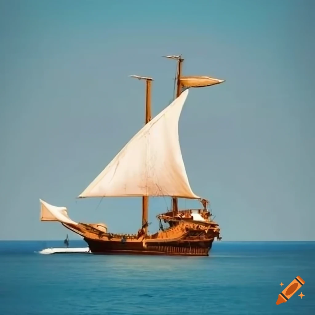 Sunny beach with a small pirate ship on Craiyon