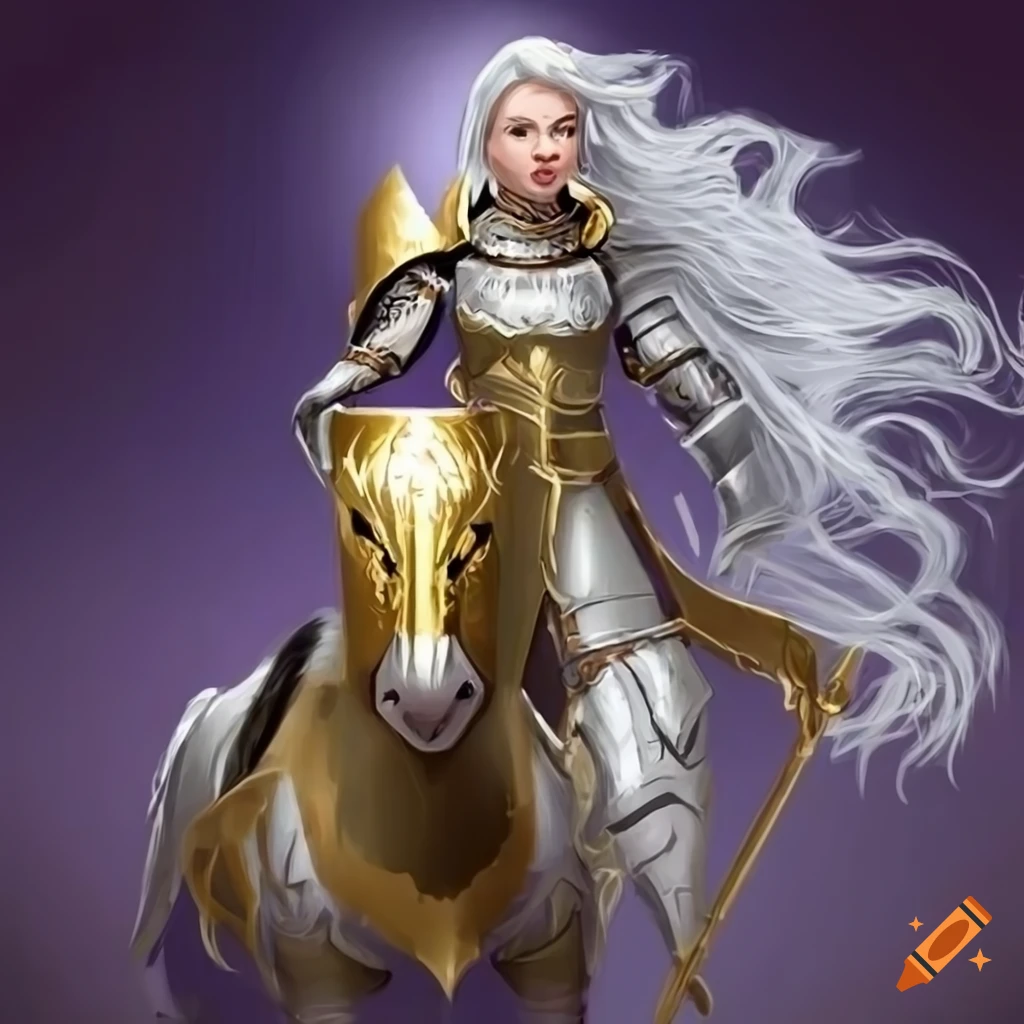 Illustration of a female paladin riding a golden horse