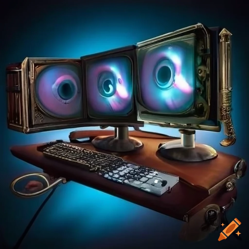 Steampunk-themed pc setup with dual-monitors on Craiyon